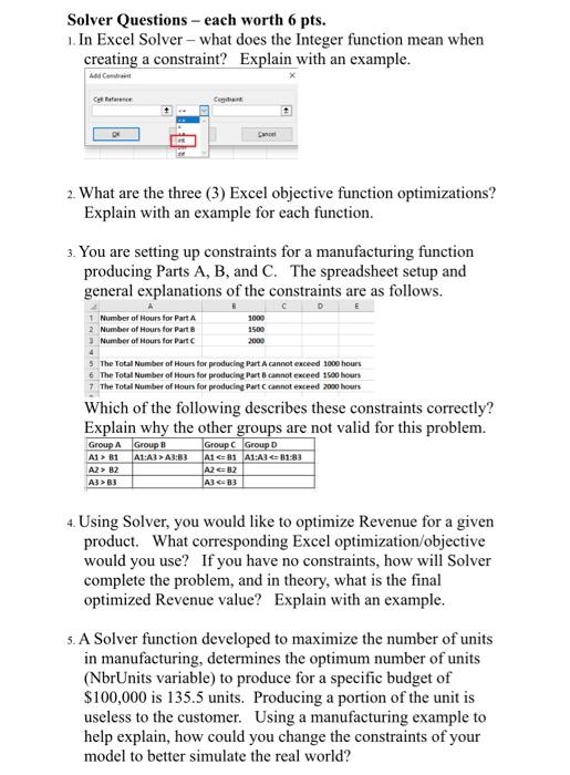 Solved Solver Questions - each worth 6 pts. 1. In Excel | Chegg.com