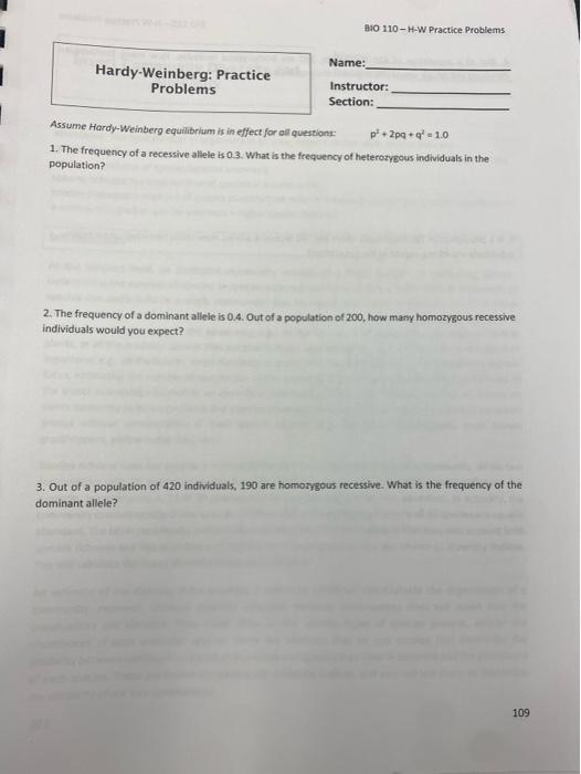 Solved BIO 110-H-W Practice Problems Name: Hardy-Weinberg: | Chegg.com