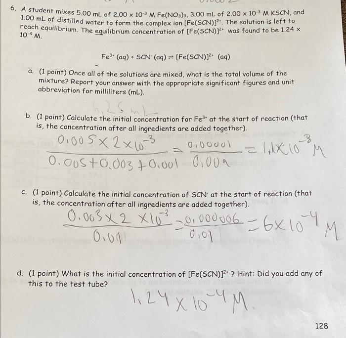 Solved A student mixes 5.00 mL of 2.00×10−3MFe(NO3)3,3.00 mL | Chegg.com