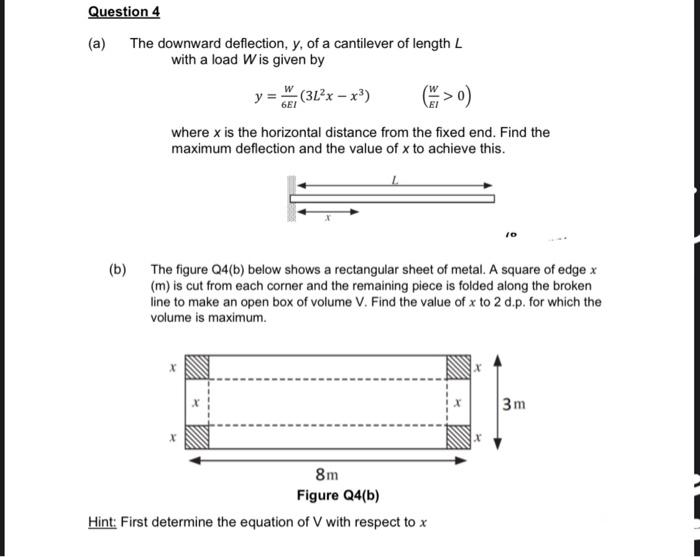 Solved (a) The downward deflection, y, of a cantilever of | Chegg.com