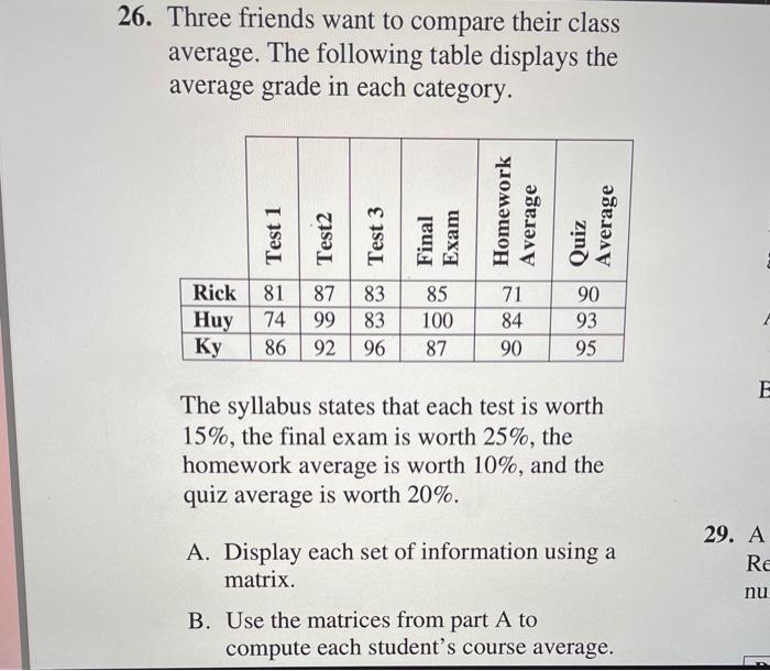 Solved 26. Three friends want to compare their class | Chegg.com