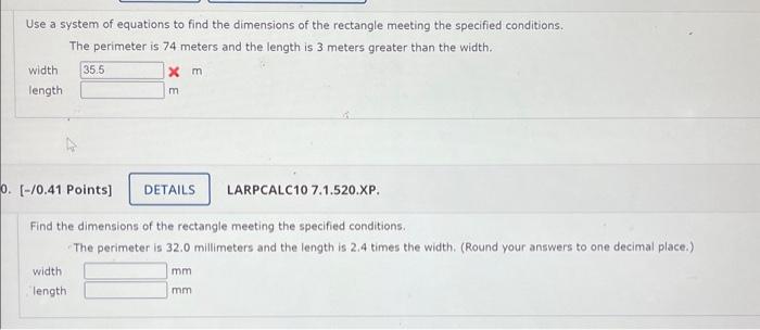 Solved Use a system of equations to find the dimensions of | Chegg.com