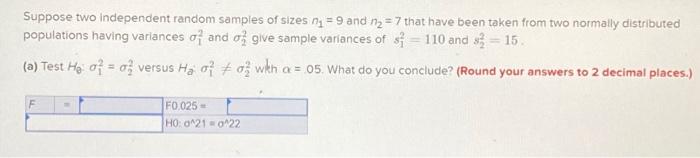 Solved Suppose two independent random samples of sizes n1=9 | Chegg.com