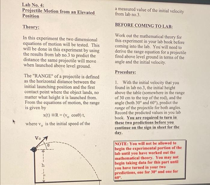 Lab No. 4: Projectile Motion from an Elevated | Chegg.com