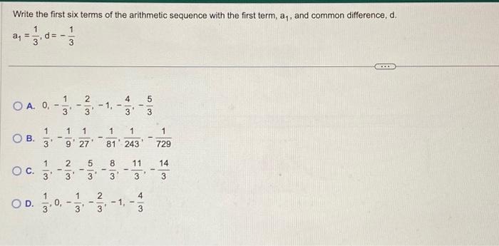 Solved Write the first six terms of the arithmetic sequence | Chegg.com