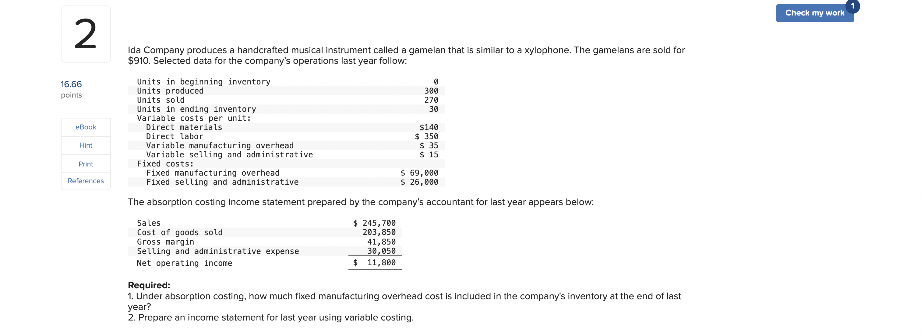 Solved Ida Company produces a handcrafted musical instrument | Chegg.com