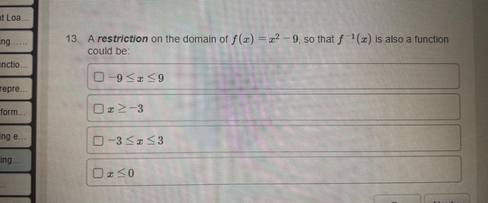 Solved A restriction on the domain of f(x)=x2-9, ﻿so that | Chegg.com