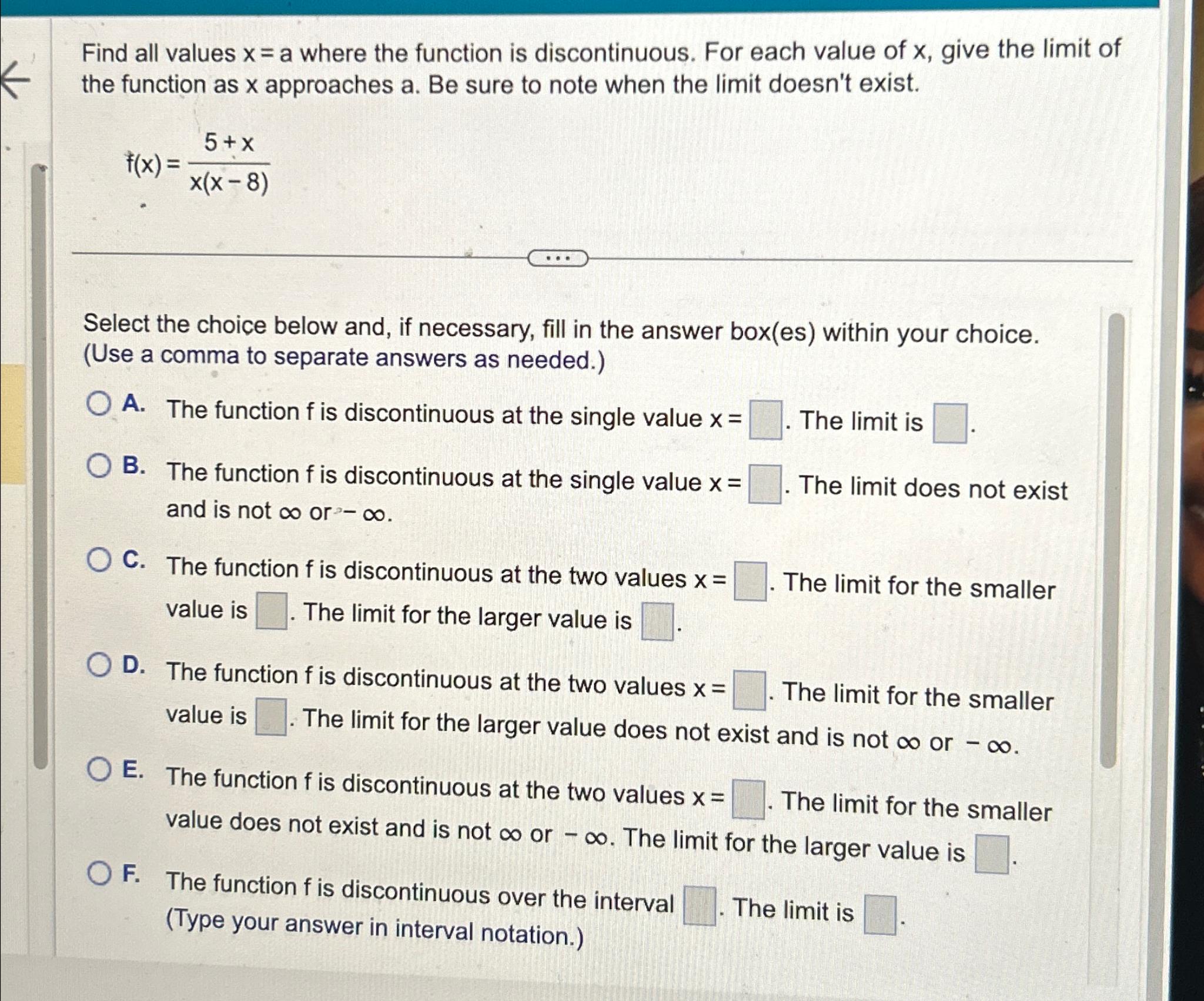 Solved Find all values x=a where the function is | Chegg.com