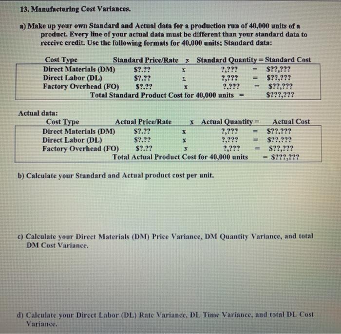 Solved 13. Manufacturing Cost Variances. a) Make up your own | Chegg.com