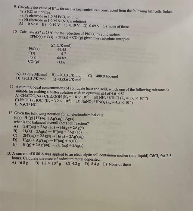 9. Calculate the value of E∘en for an electrochemical | Chegg.com
