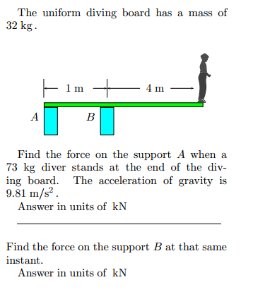 Solved The uniform diving board has a mass of 32 kg. Find | Chegg.com