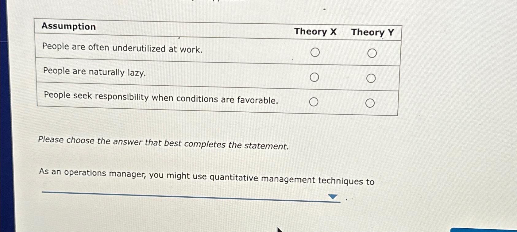 Solved \table[[Assumption Theory x ﻿Theory Y | Chegg.com