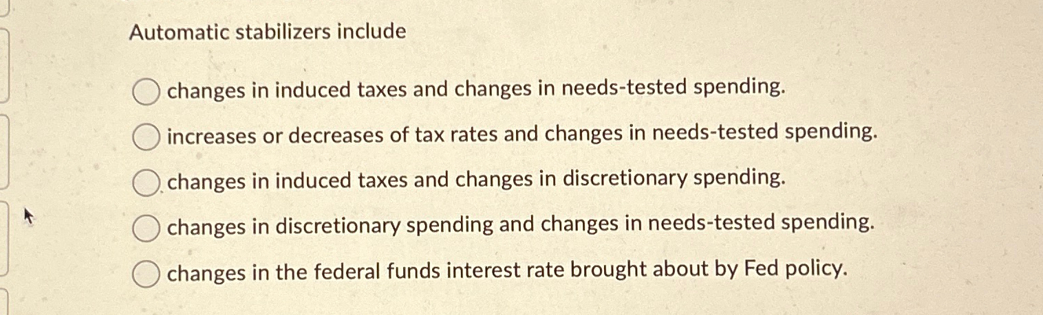 Solved Automatic stabilizers includechanges in induced taxes | Chegg.com