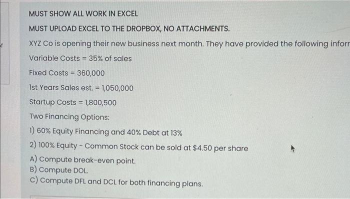 Solved MUST SHOW ALL WORK IN EXCEL MUST UPLOAD EXCEL TO THE | Chegg.com