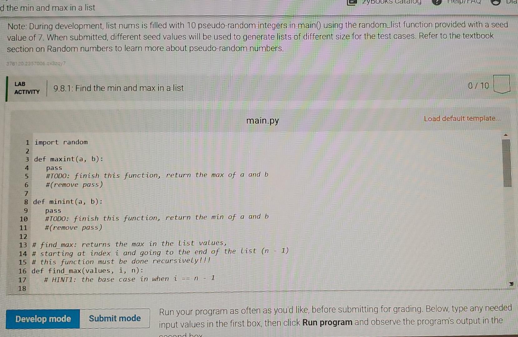 Solved 9.8 Find the min and max in a list Complete the | Chegg.com