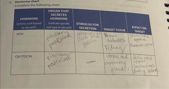4. Hormone chart Complete the following chart: | Chegg.com