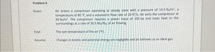 Solved Problem 6 Given: Air enters a compressor operating at | Chegg.com