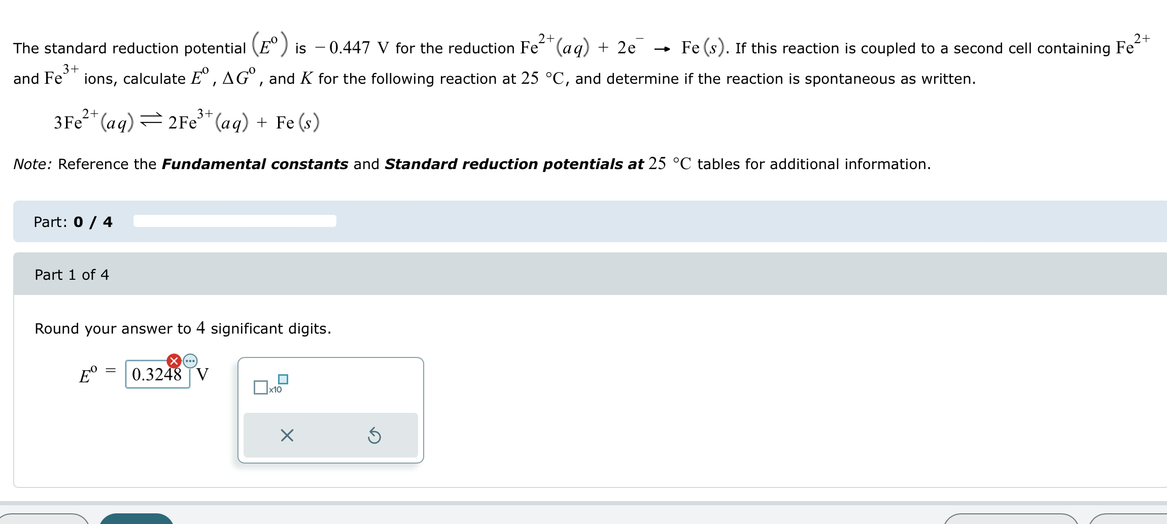 Solved The standard reduction potential (Eo) ﻿is -0.447 ﻿V | Chegg.com