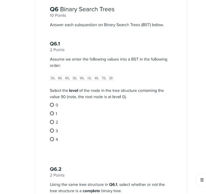 Solved Q6 Binary Search Trees 10 Points Answer each | Chegg.com Solved Q6 Binary Search Trees 10 Points Answer each | Chegg.com
