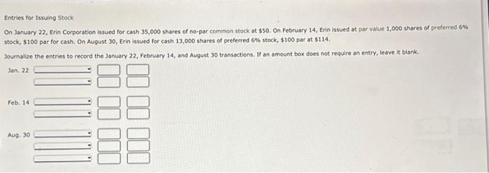 Solved Entries for Issuing Stock On January 22, Erin | Chegg.com