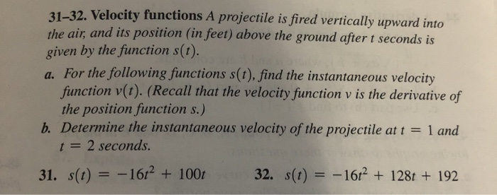 Solved 31-32. Velocity functions A projectile is fired | Chegg.com