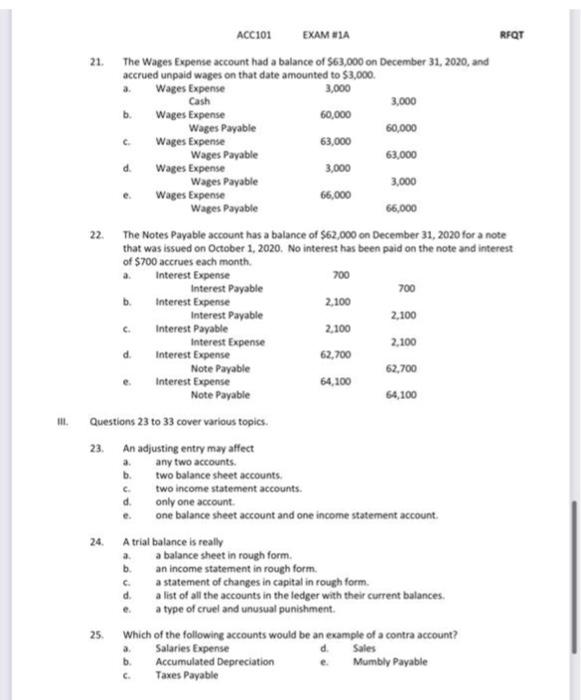 Solved C a 2.100 c. ACC101 EXAMIA REQT 21 The Wages Expense | Chegg.com