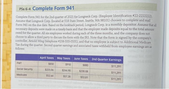 Complete Form 941 for the 2nd quarter of 2021 for | Chegg.com
