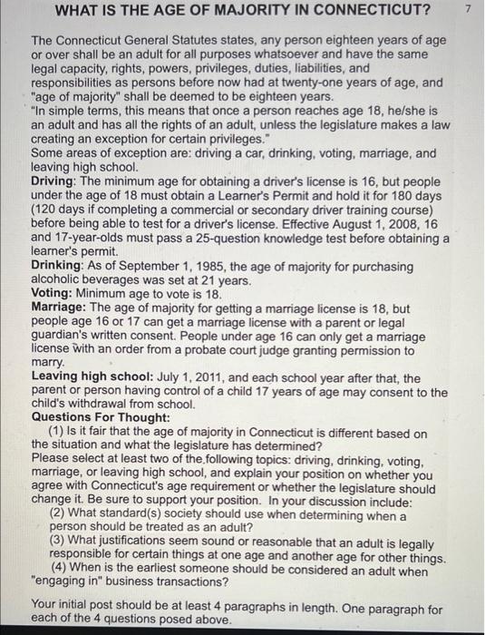 Solved WHAT IS THE AGE OF MAJORITY IN CONNECTICUT? 7 The | Chegg.com