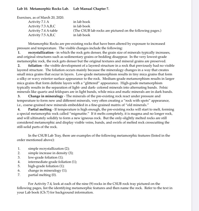 Solved Lab 10. Metamorphic Rocks Lab. Lab Manual Chapter 7. | Chegg.com