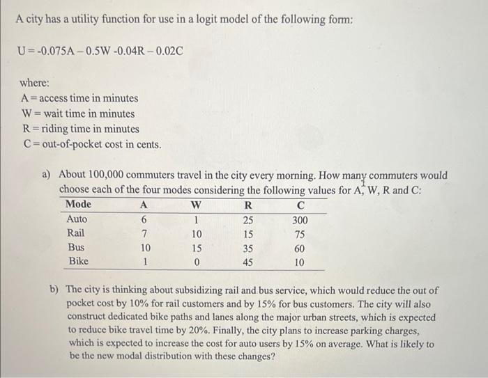 Solved A city has a utility function for use in a logit | Chegg.com