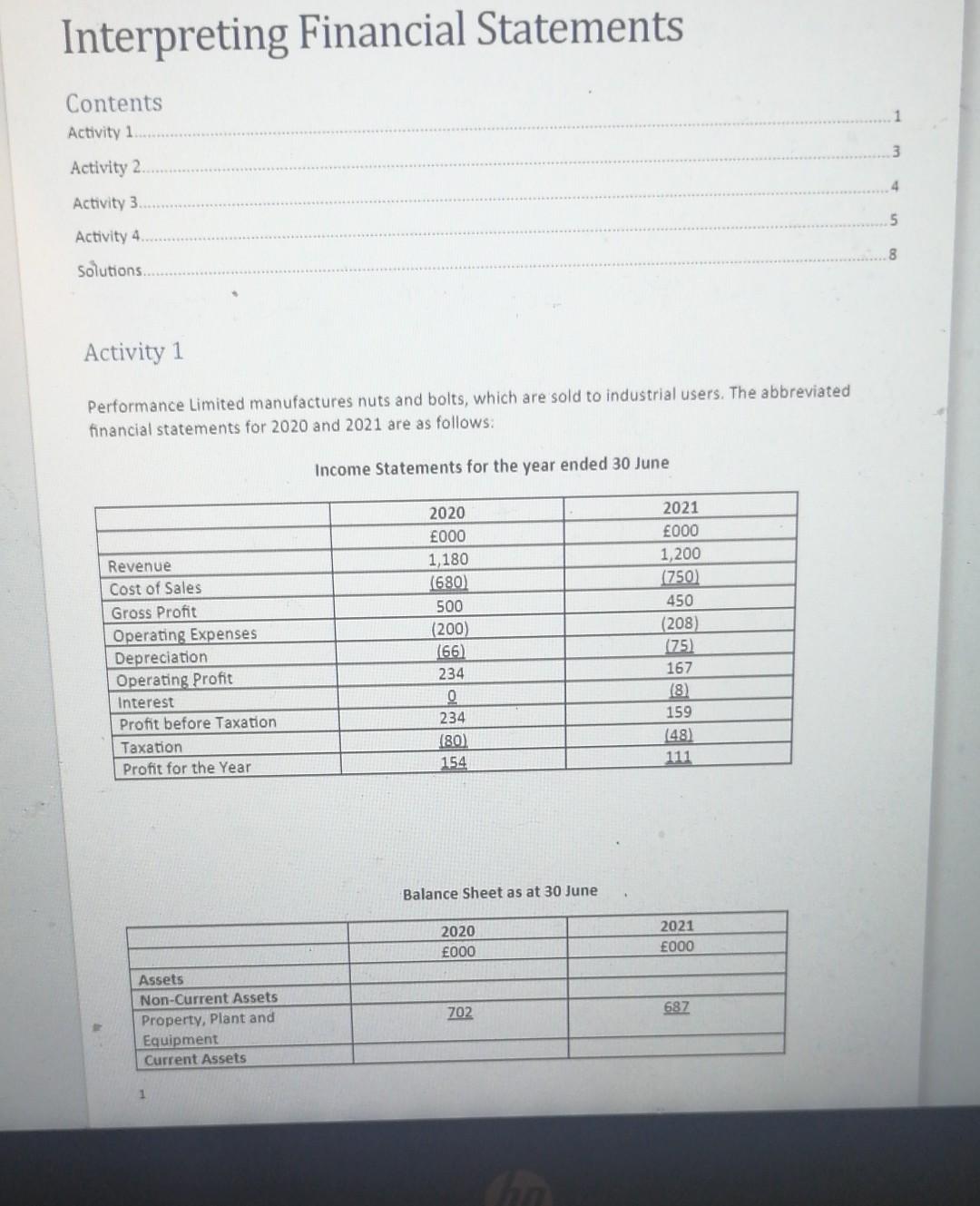Solved Interpreting Financial Statements Contents Activity 1 | Chegg.com