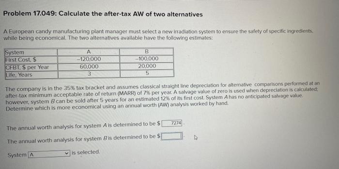 Solved Problem 17 049 Calculate The After Tax Aw Of Two