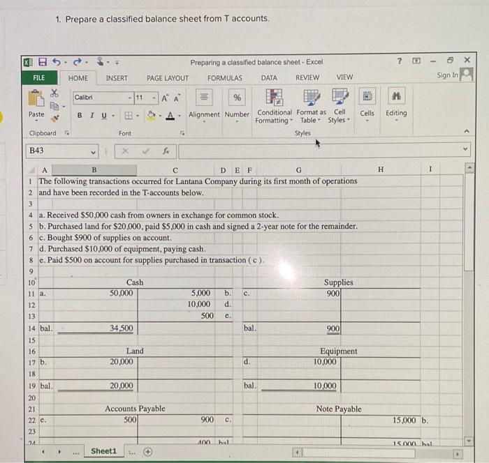 Solved 1. Prepare a classified balance sheet from T accounts | Chegg.com