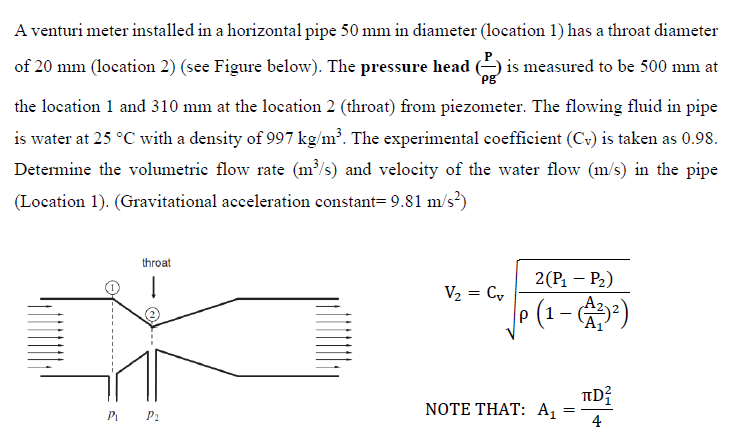 Solved need the anwer asap A venturi meter installed in a | Chegg.com