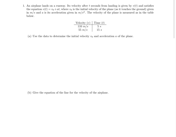 Solved 1. An airplane lands on a runway. Its velocity after | Chegg.com