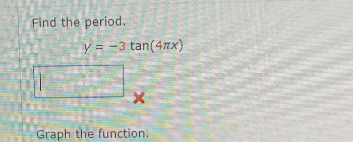 Solved Find the period. y=−3tan(4πx) Graph the function. | Chegg.com
