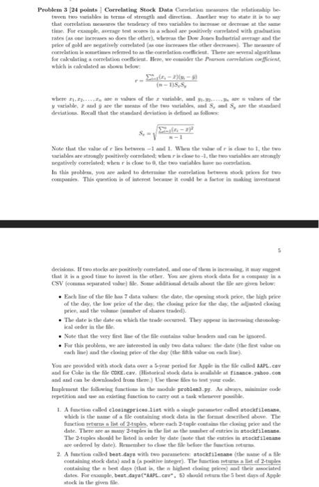 Solved Problem 3 [24 points / Correlating Stock Data | Chegg.com