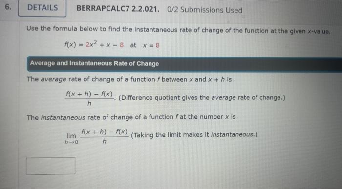Solved Use the formula below to find the instantaneous rate | Chegg.com