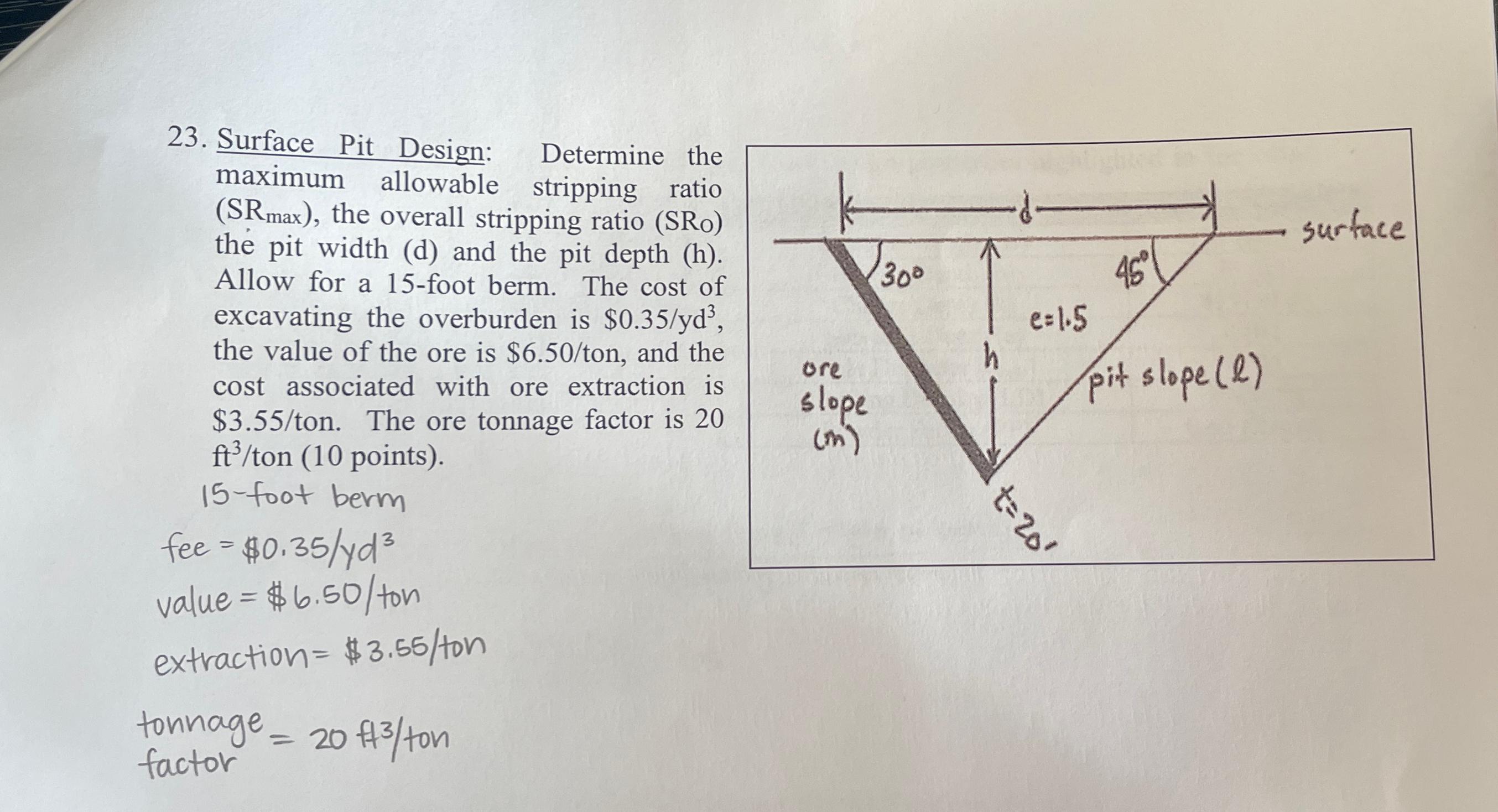 Solved Surface Pit Design: Determine the maximum allowable | Chegg.com