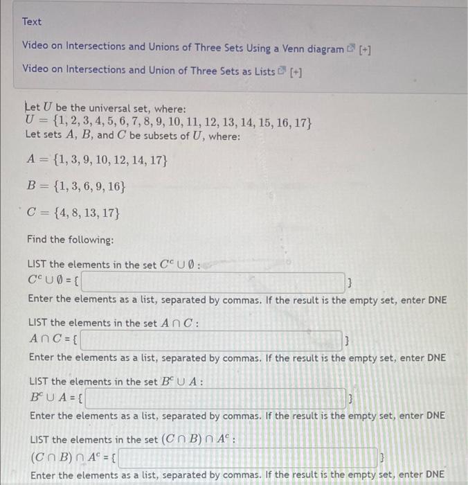 Solved Text Video on Intersections and Unions of Three Sets | Chegg.com