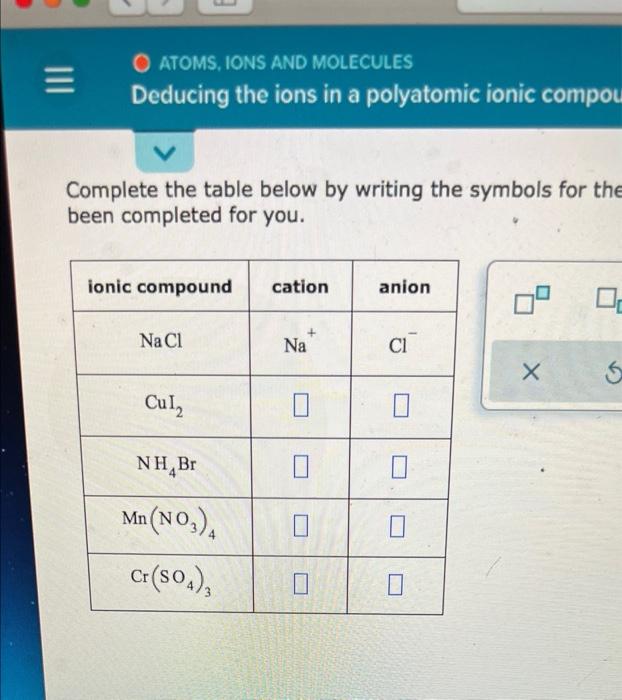 Solved III O ATOMS, IONS AND MOLECULES Deducing the ions in | Chegg.com