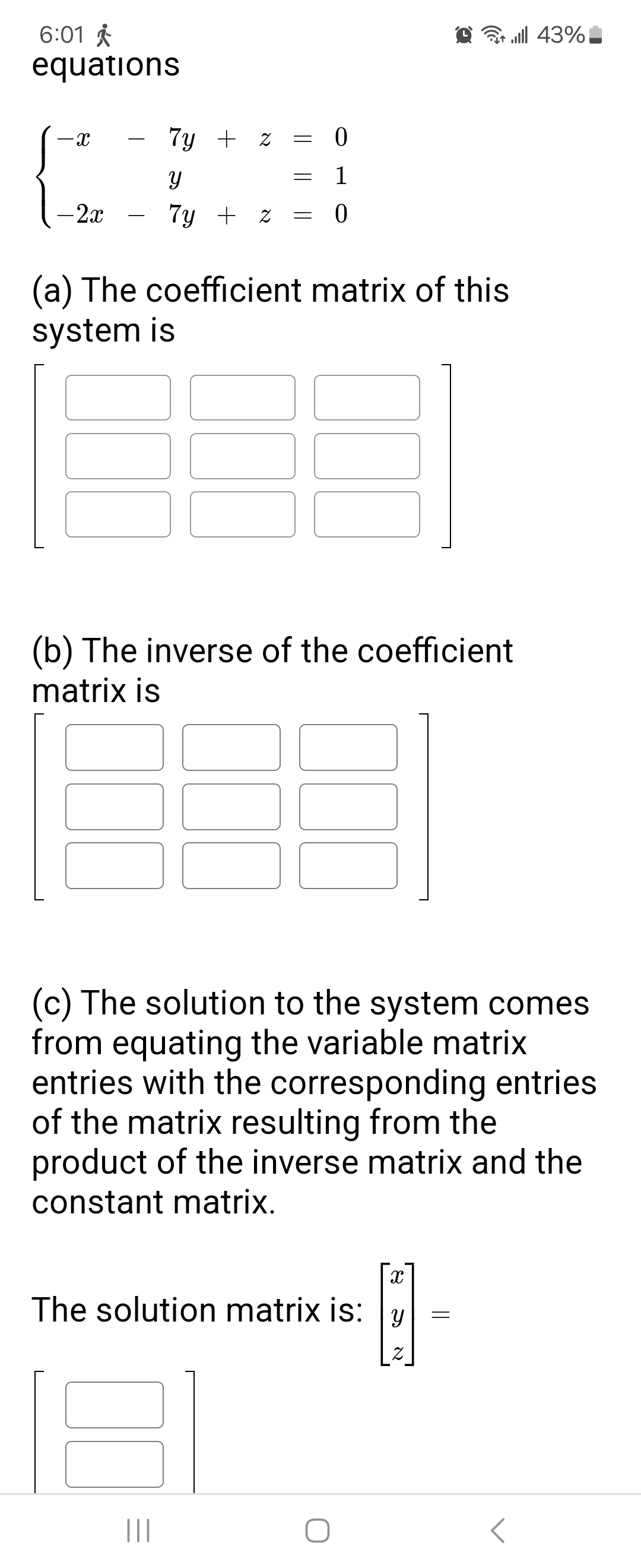 Solved 6:01 ﻿ixequations-x-7y+z=0y=1-2x-7y+z=0(a) ﻿The | Chegg.com
