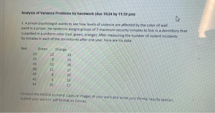 Solved Analysis of Variance Problems by handwork (due 10/24 | Chegg.com