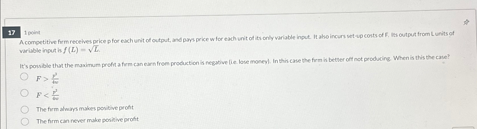 Solved 171 ﻿pointA competitive firm receives price p ﻿for | Chegg.com