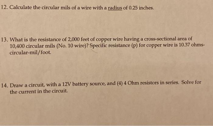 Solved 12. Calculate the circular mils of a wire with a | Chegg.com