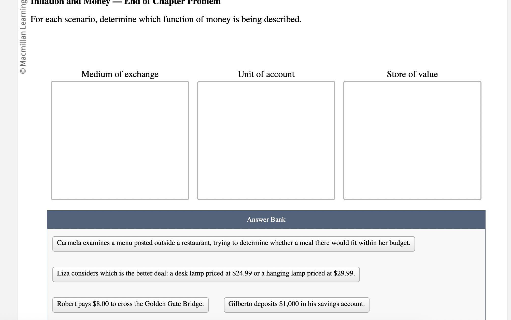 Solved For each scenario, determine which function of money | Chegg.com
