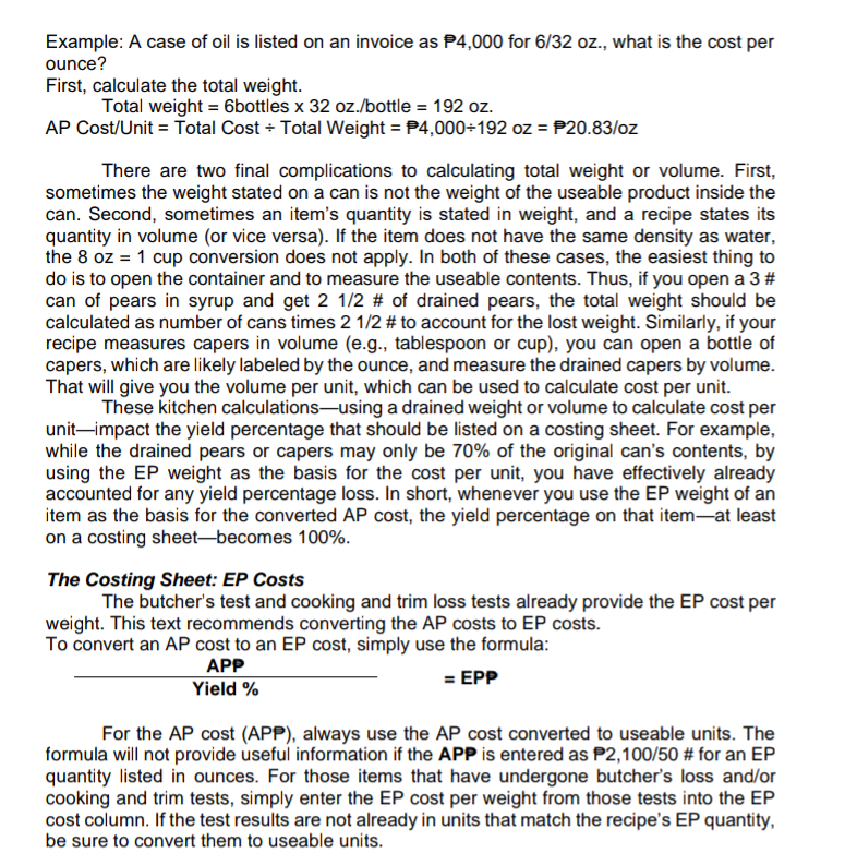Example of Costing Sheet - EP Quantities, Yield | Chegg.com