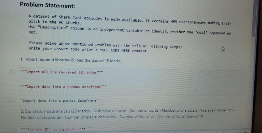 Solved Problem Statement: A dataset of Shark Tank episodes | Chegg.com