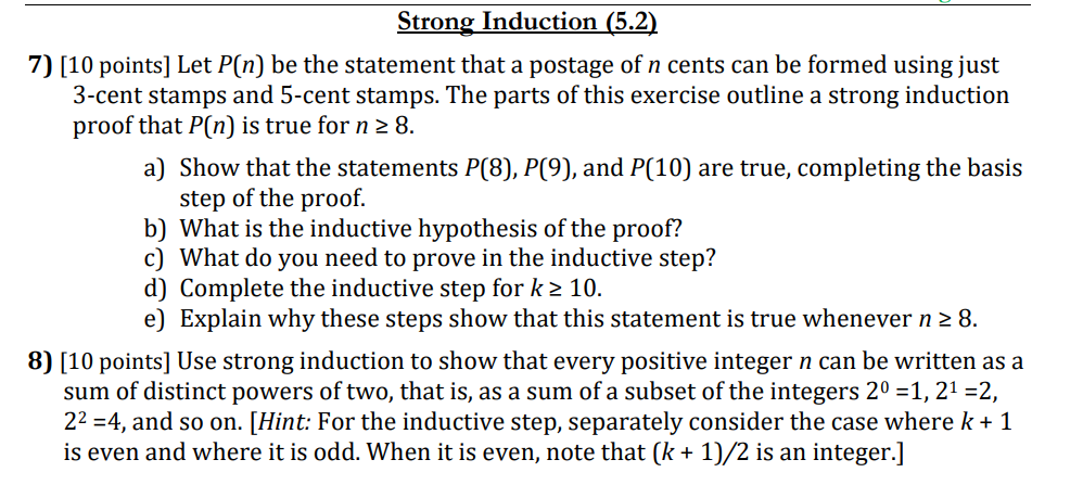 Solved Strong Induction (5.2)[10 ﻿points] ﻿Let P(n) ﻿be the | Chegg.com