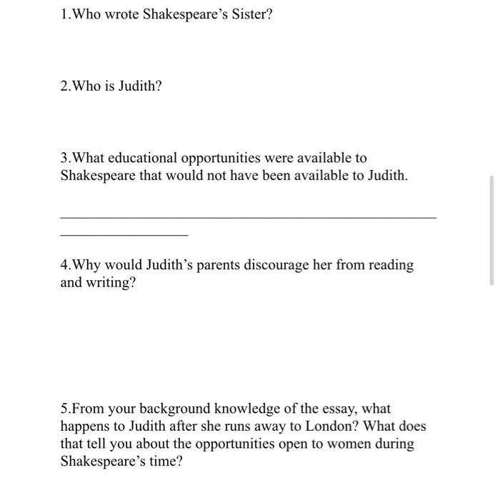 1.Who wrote Shakespeare's Sister? 2. Who is Judith? | Chegg.com